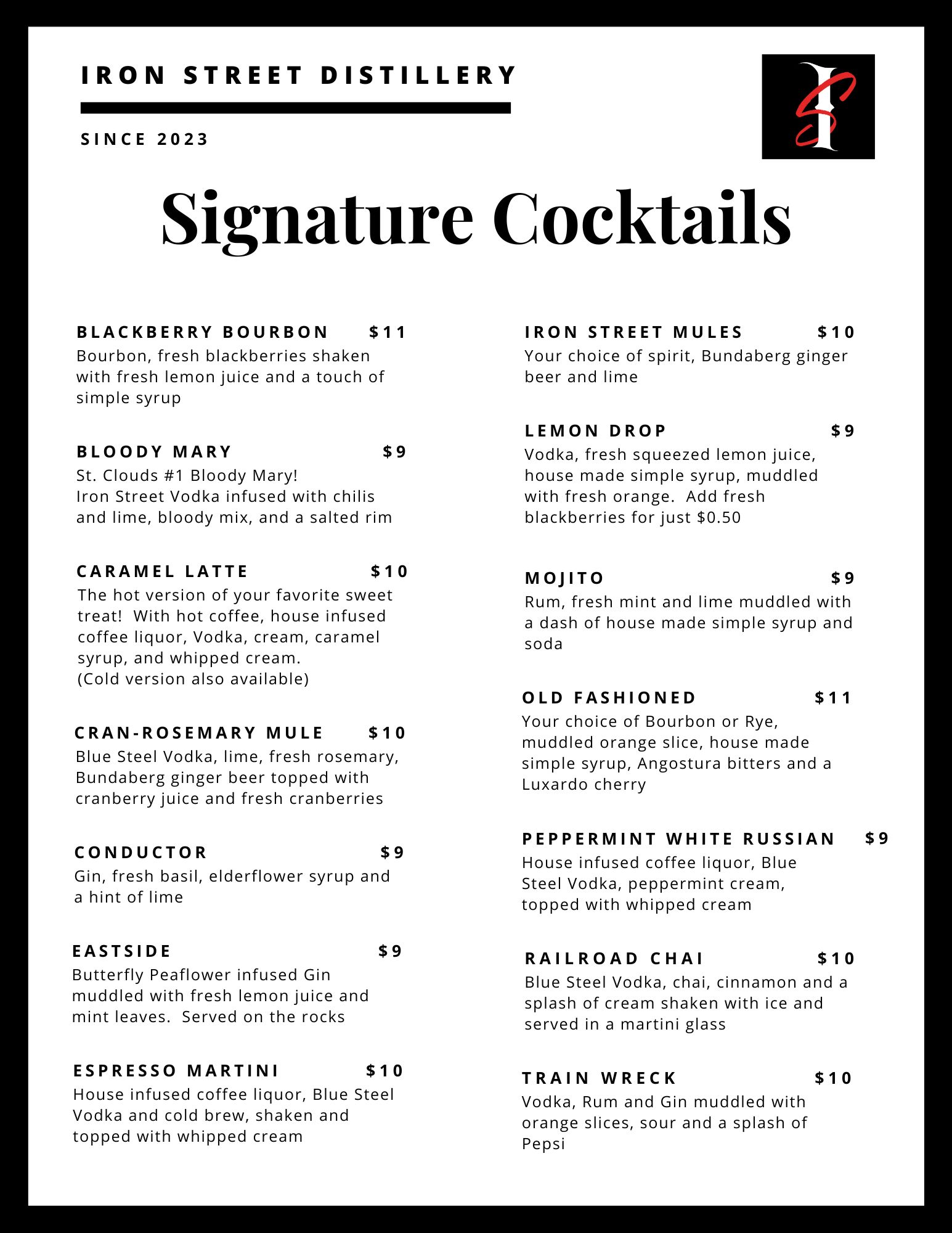 Our Menu - Iron Street Distillery